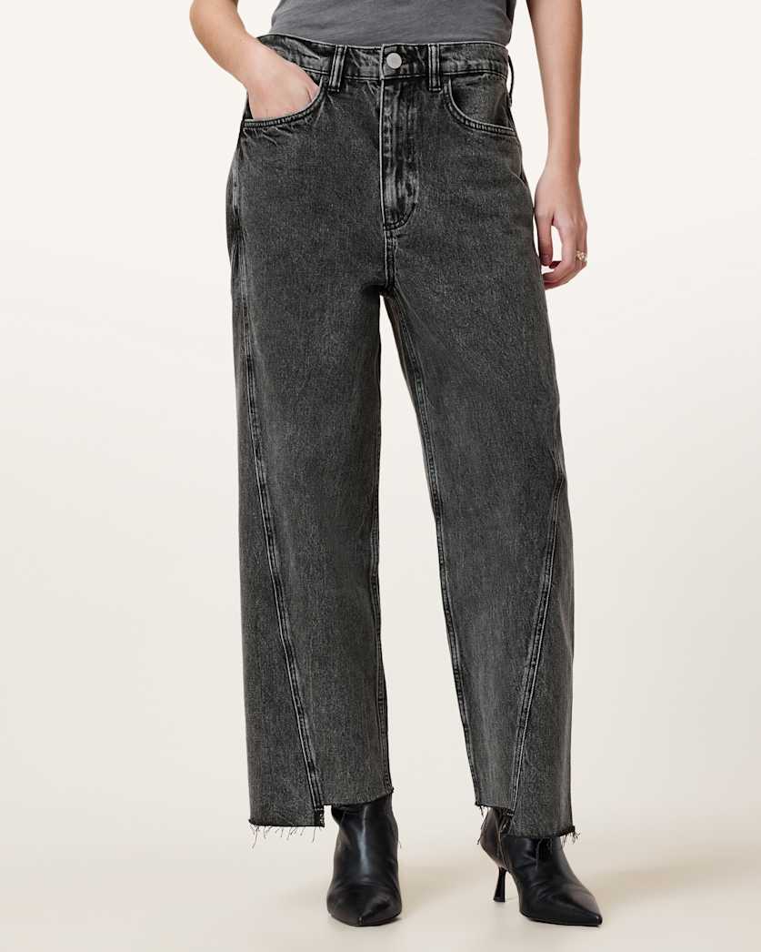 Fox Asymmetric Hem Wide Leg Denim Jeans Washed Black | ALLSAINTS